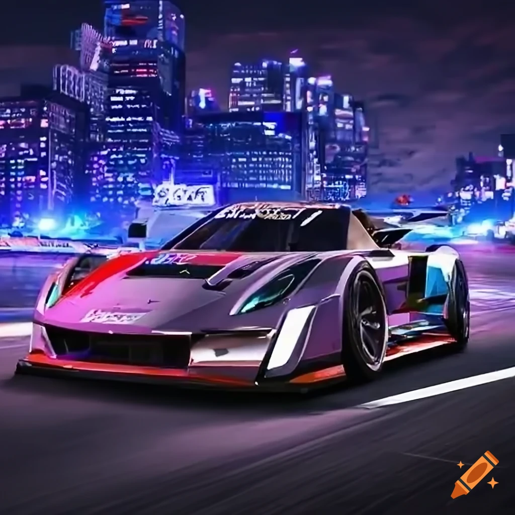 GT3 car racing on urban city streets at night with vibrant colors on ...
