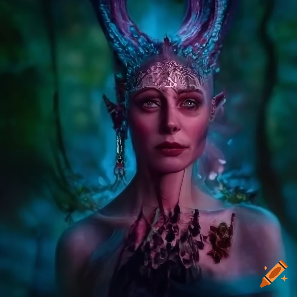 Portrait of a red-scaled daemon-fey in a mystical forest setting on Craiyon