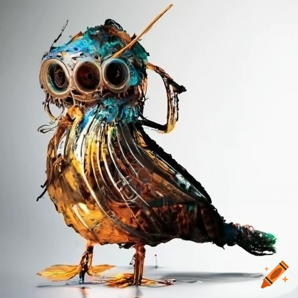 Biomechanical bird made of rubbish with ink splatters on Craiyon