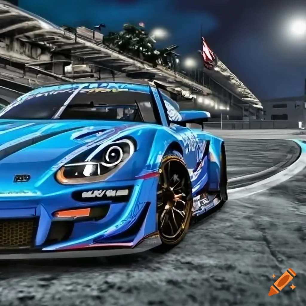 GT3 car racing on urban city streets at night with a sensation of speed ...