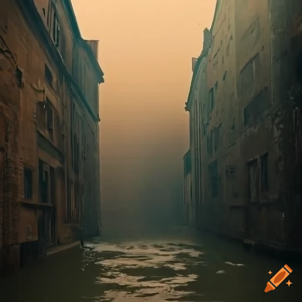 Close view of flooded entry with sinking buildings in a golden-orange ...