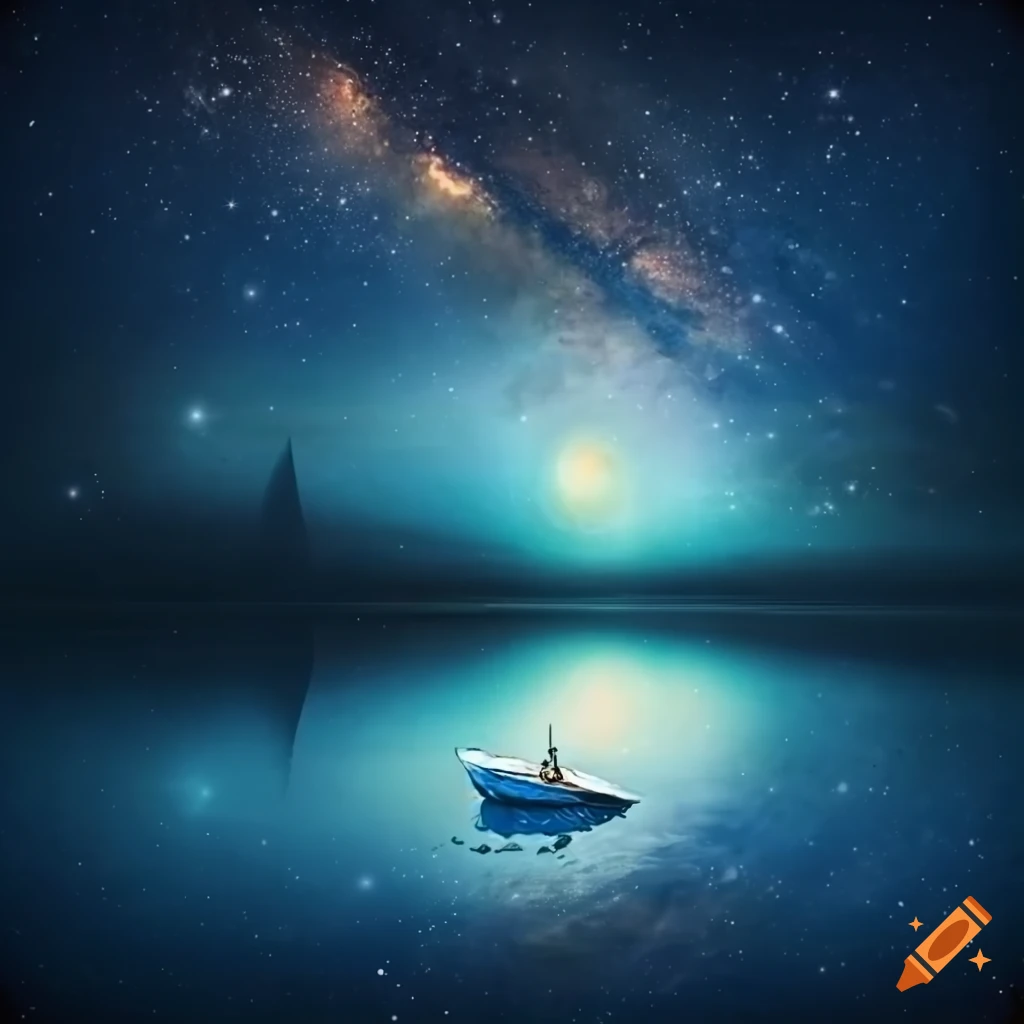 Ocean in outer space with planets and stars reflected, a boat and ...
