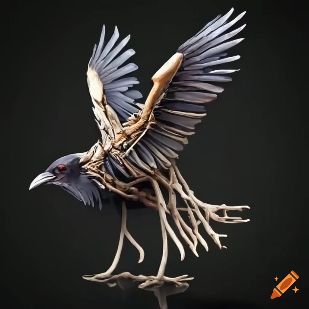 Cubist bio-mechanical raven in flight made from twisted roots and ...