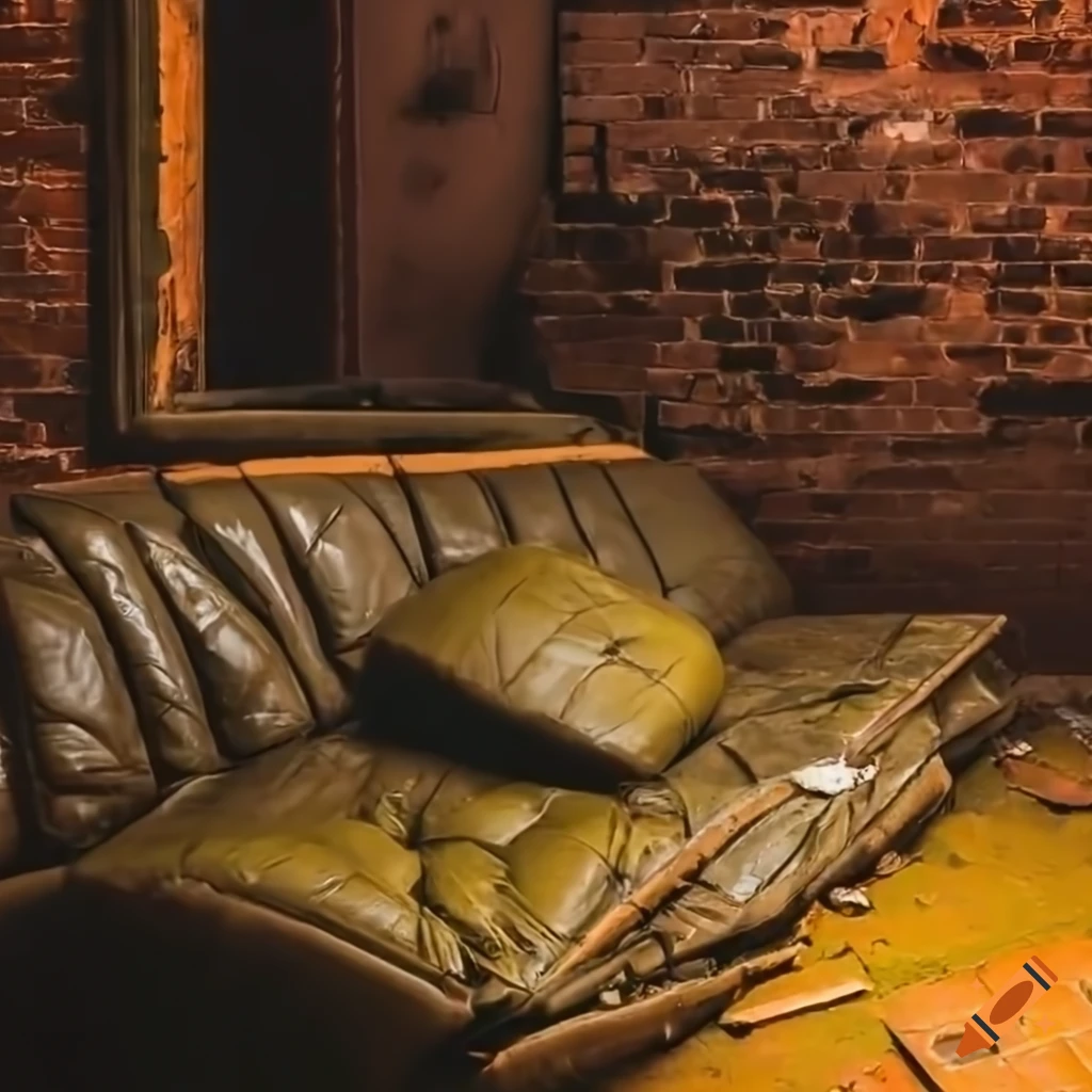 Close-up of destroyed leather couch with flooded brick doorway and ...