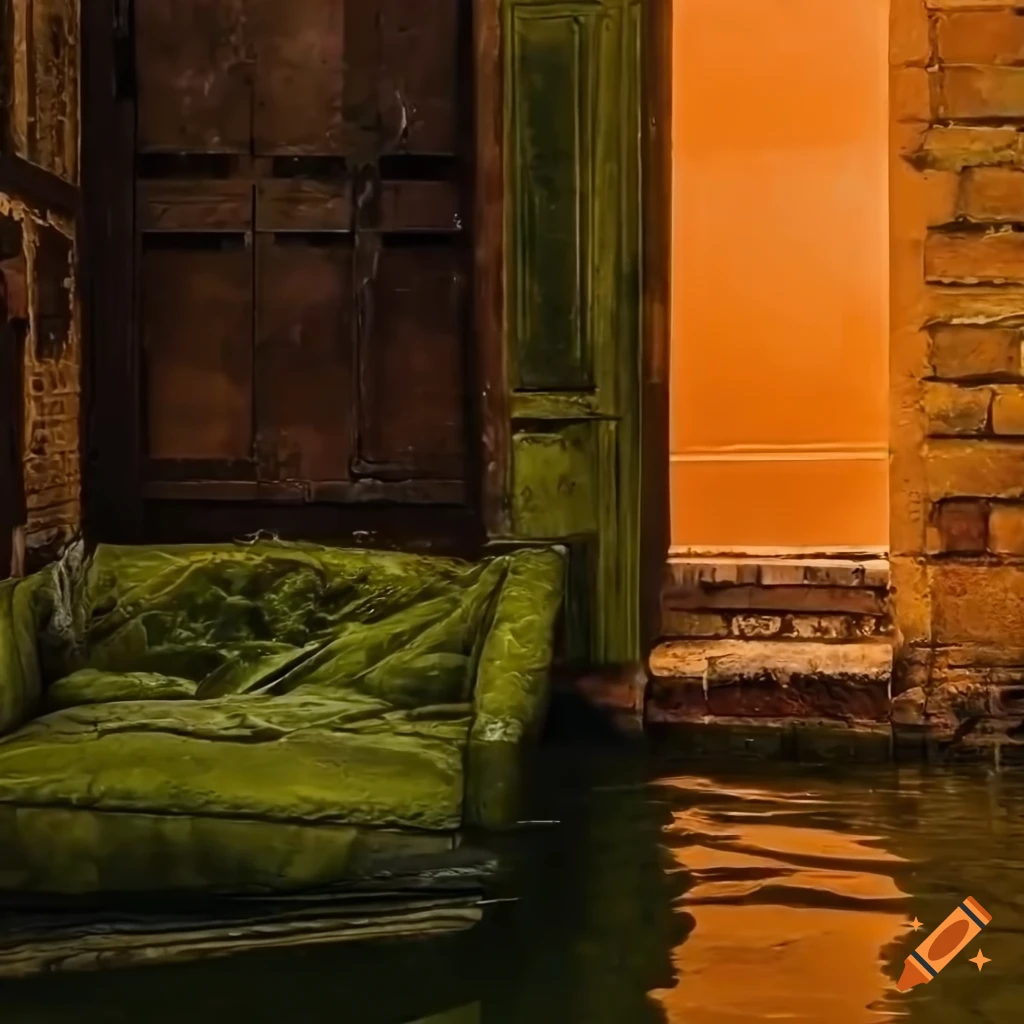 Destroyed olive green leather couch in flooded brick doorway with ...