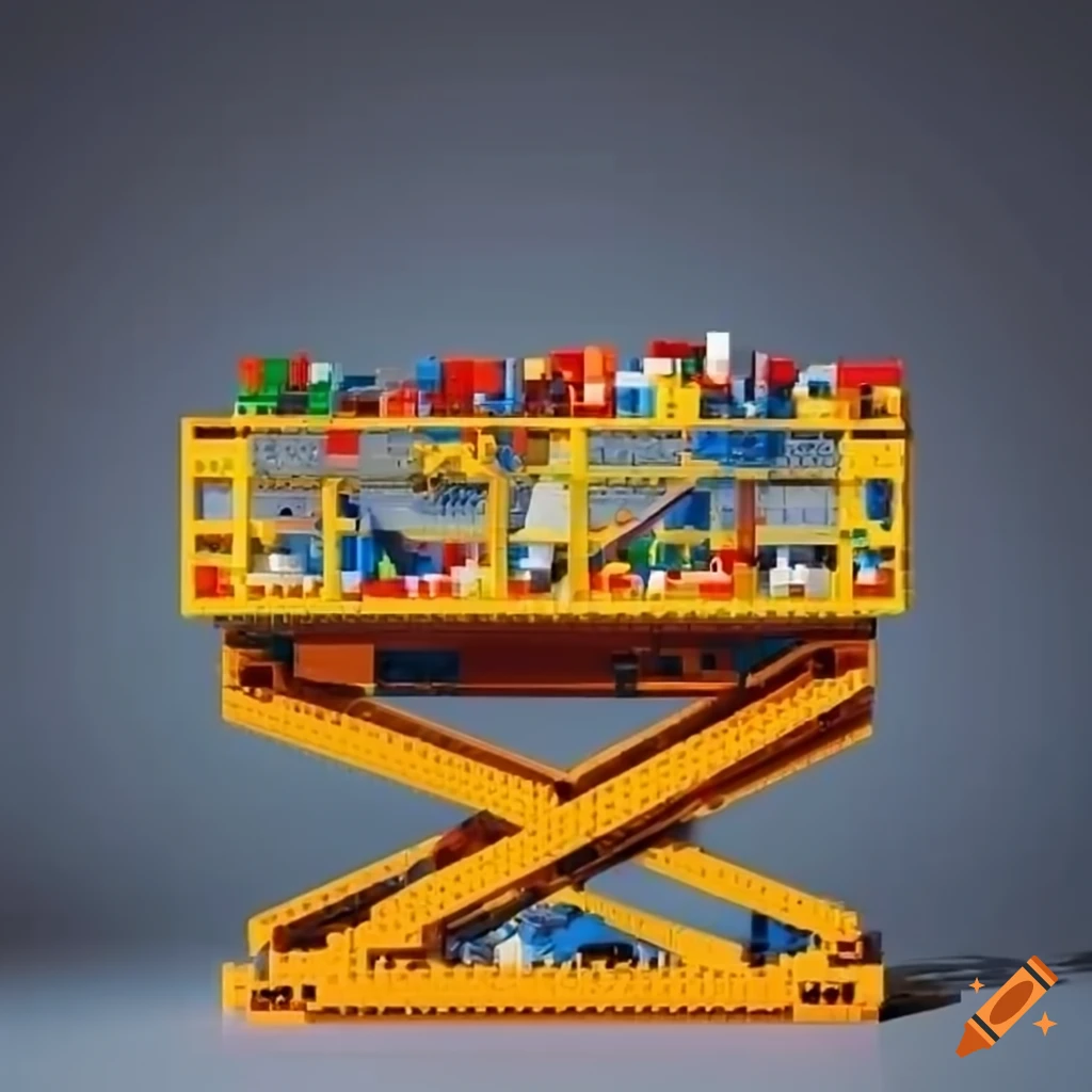 Lego pieces on an industrial scissor lift on Craiyon