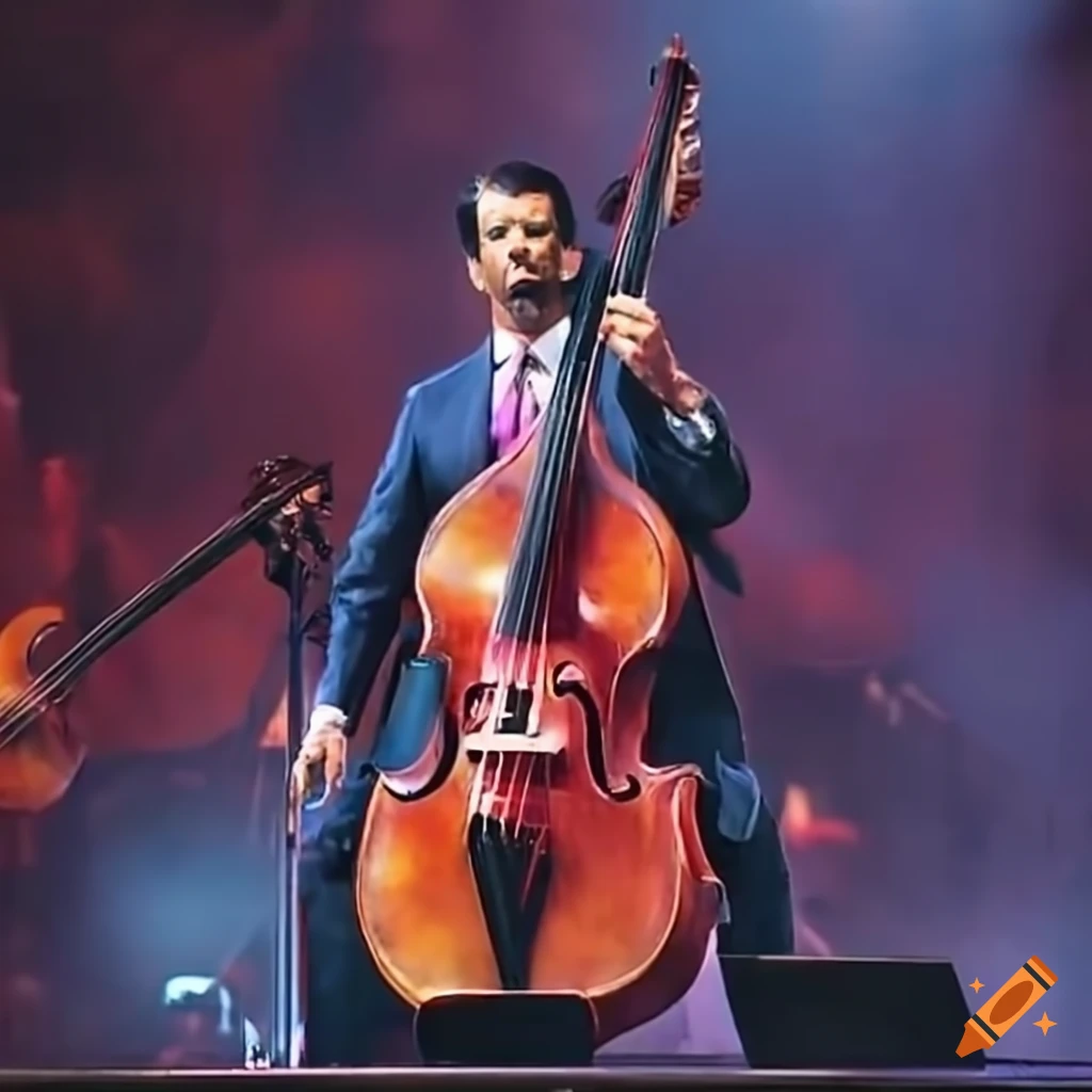 Donald Trump Jr. playing an upright bass on a live concert stage on Craiyon