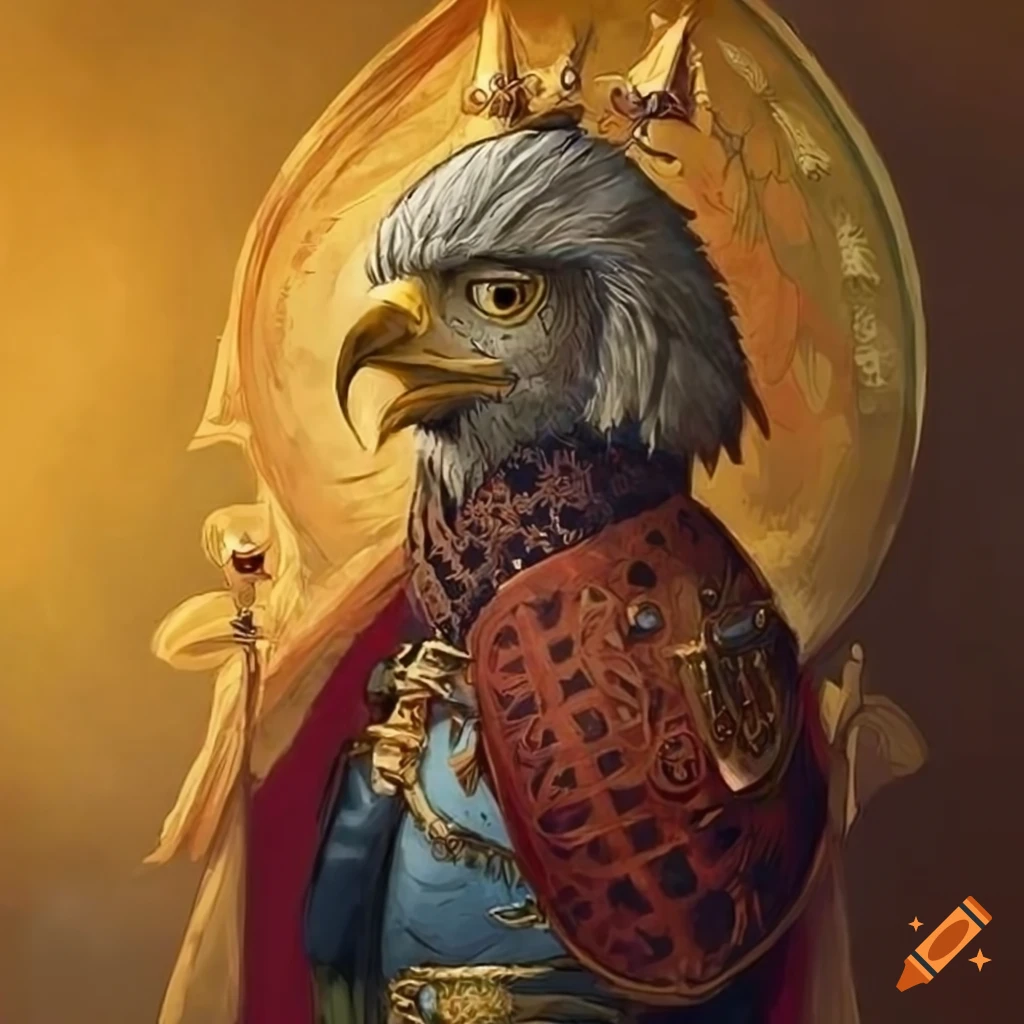 Anthropomorphic baby eagle with blue king cloak and crown in studded ...