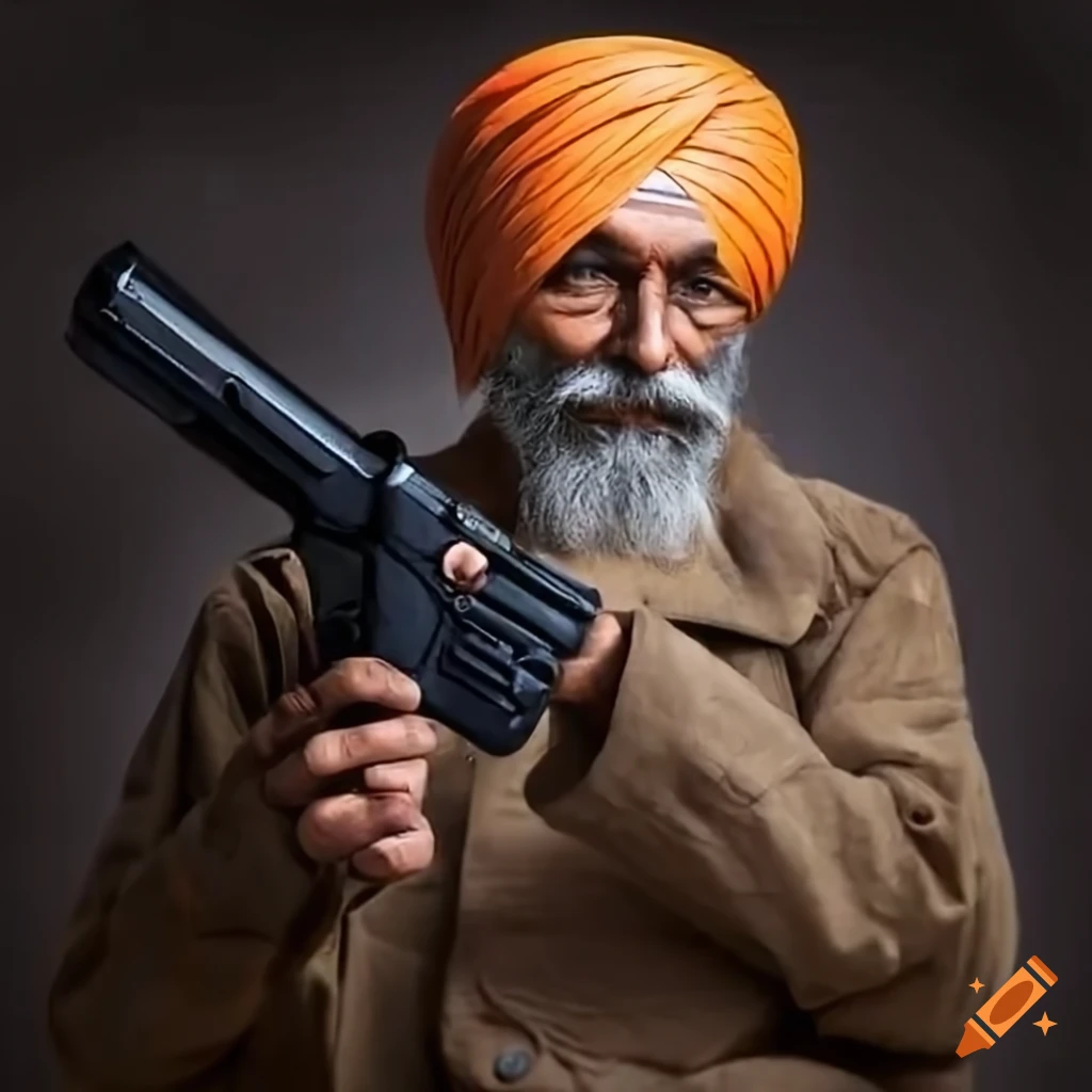 Ultra realistic handsome sikh old man holding a gun on Craiyon