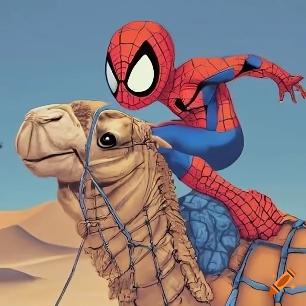 Spiderman riding a camel in the desert on Craiyon