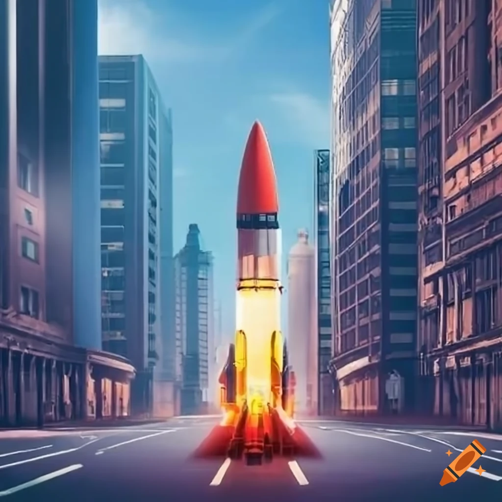 Rocket on a horizontal city street on Craiyon