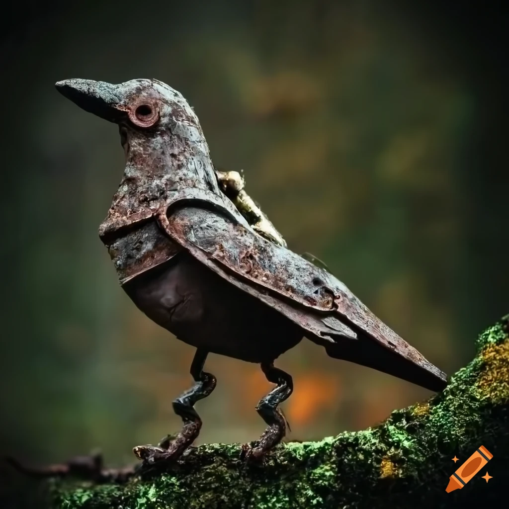 Mechanical crow made of rusty scrap metal parts with moss and lichen on ...