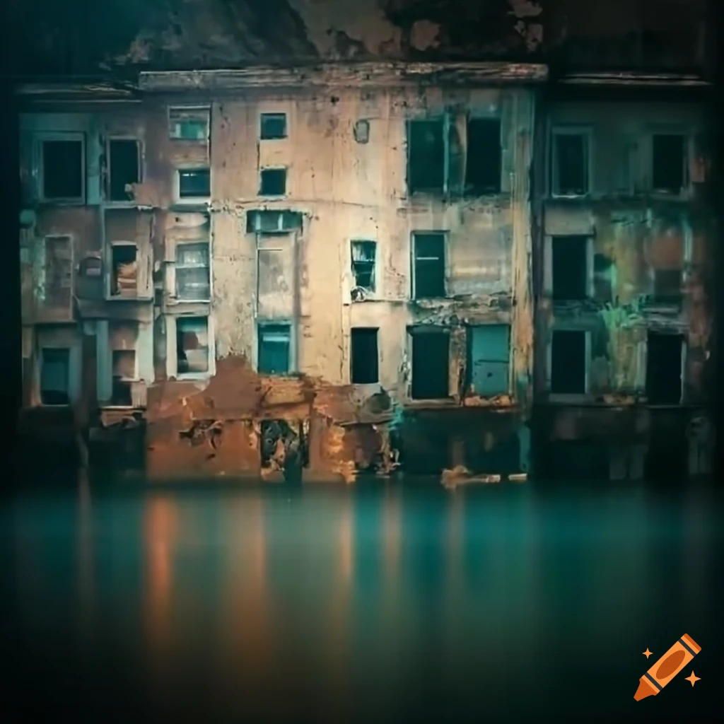 Close-up of a crumbling windowsill in flooded abandoned buildings ...