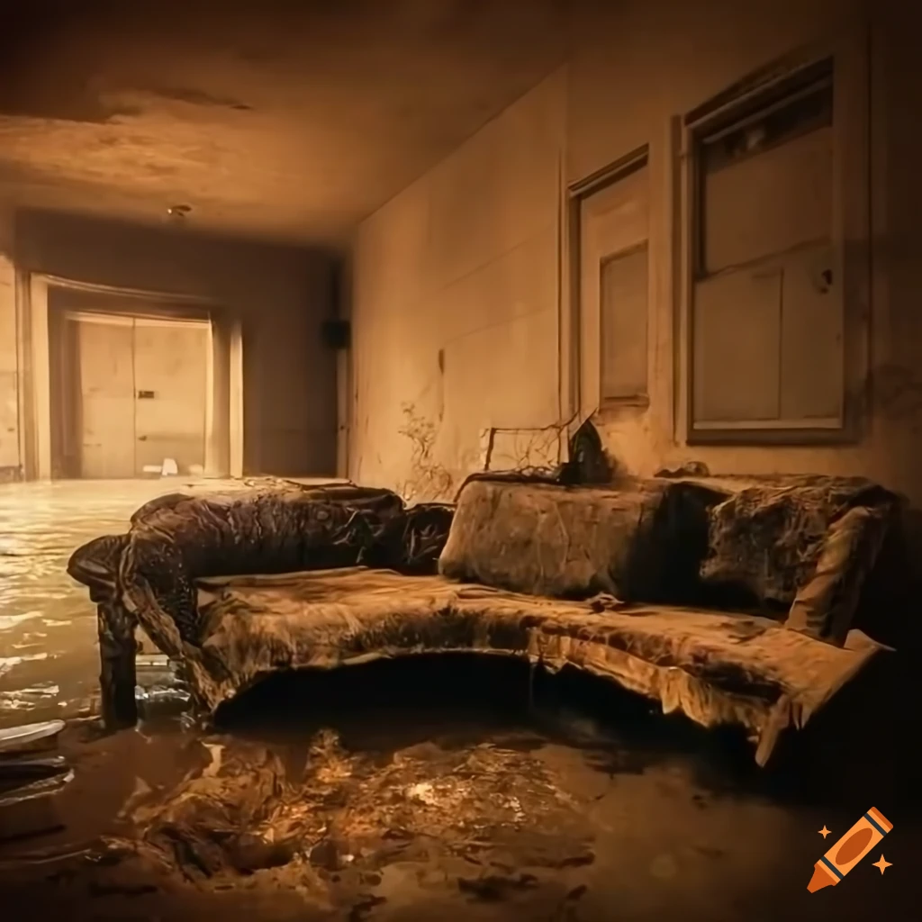 Destroyed couch in flooded penthouse with sinking buildings in a ...