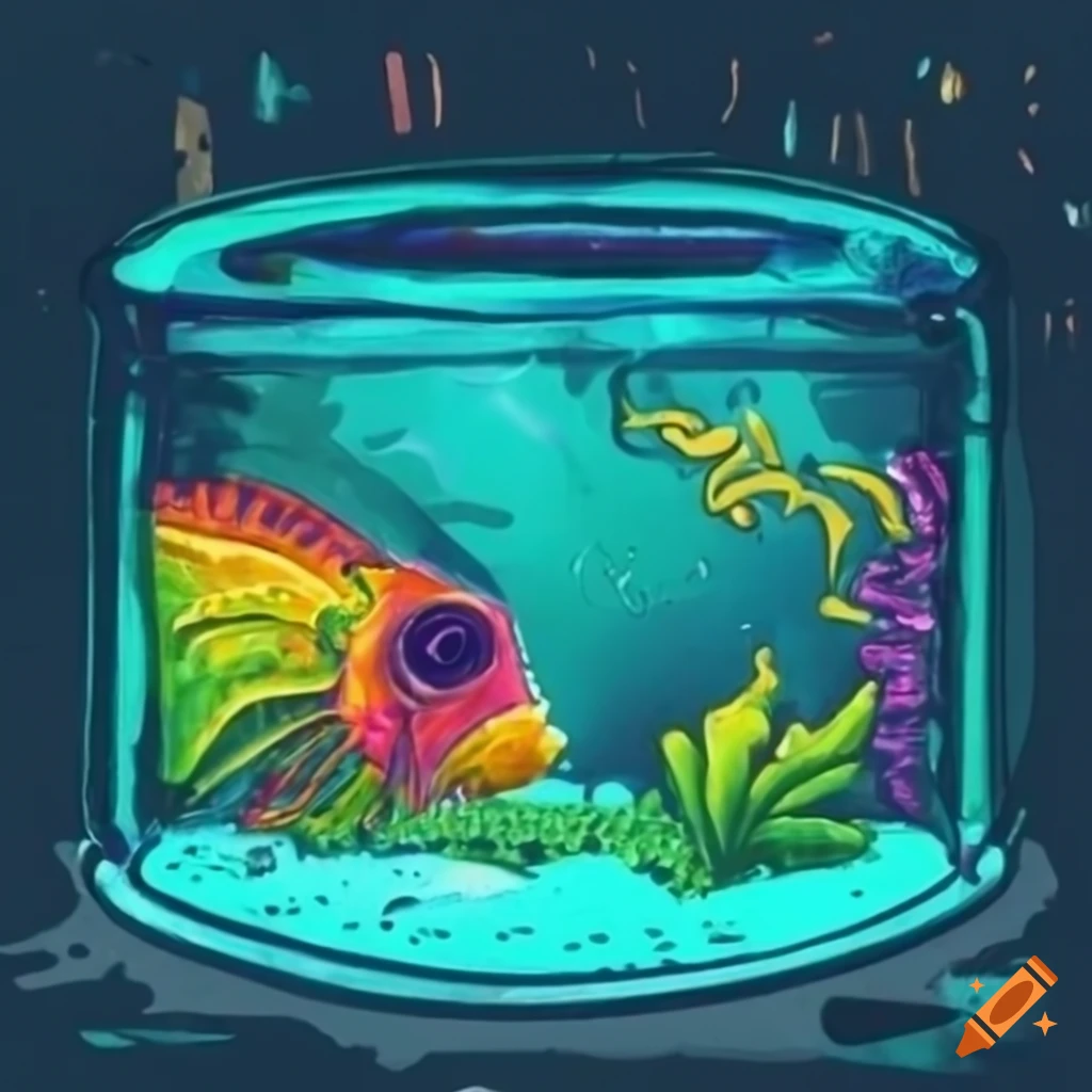 Ruined aquarium with tropical fish and deep sea life among broken glass ...