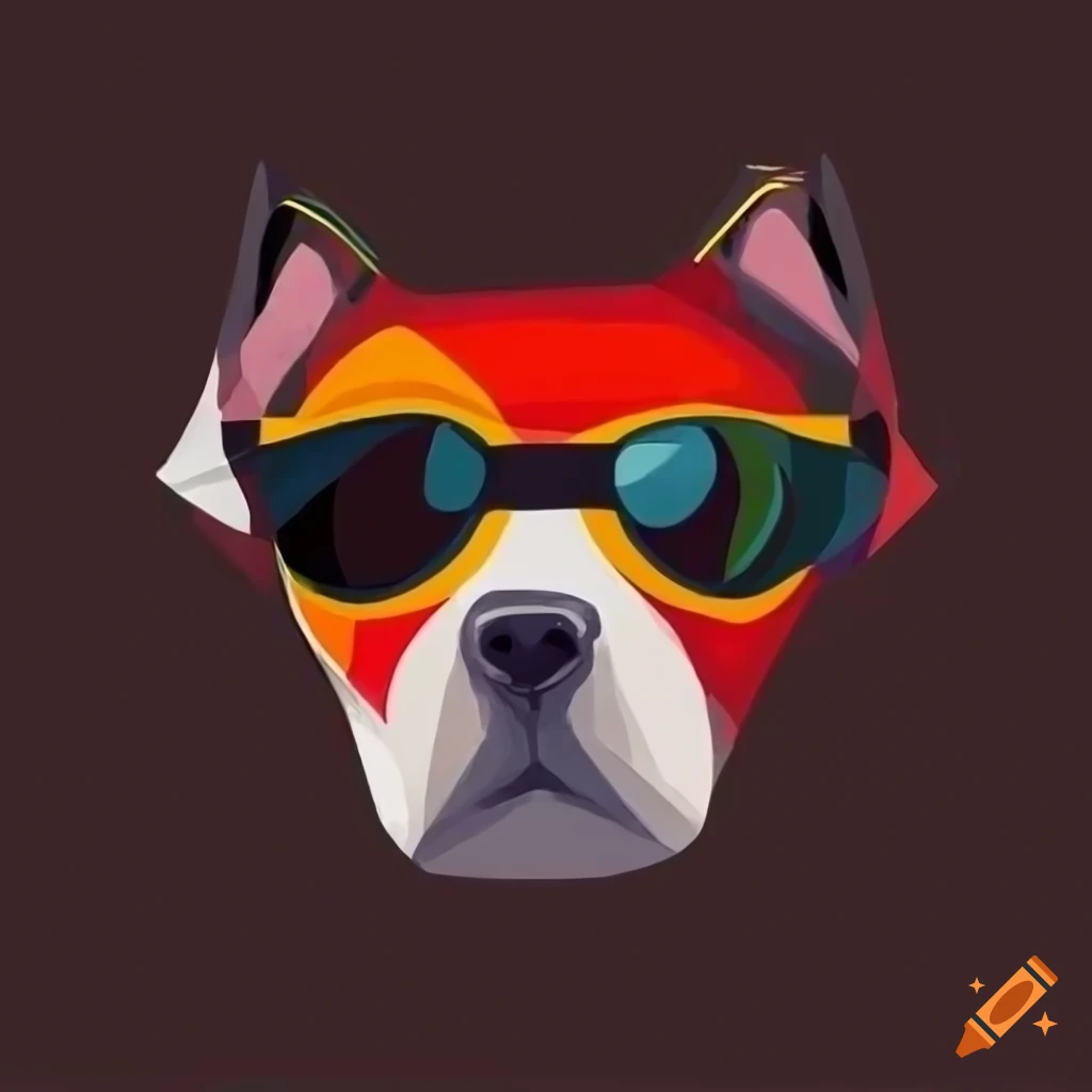 Dog in red and black geometric abstract art with colorful goggles on ...