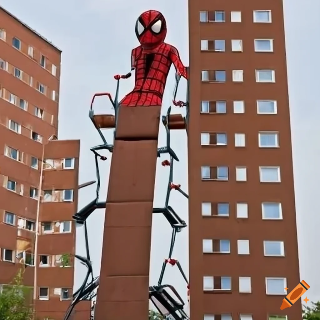 Spider-man themed metal climbing frame with urban buildings on Craiyon