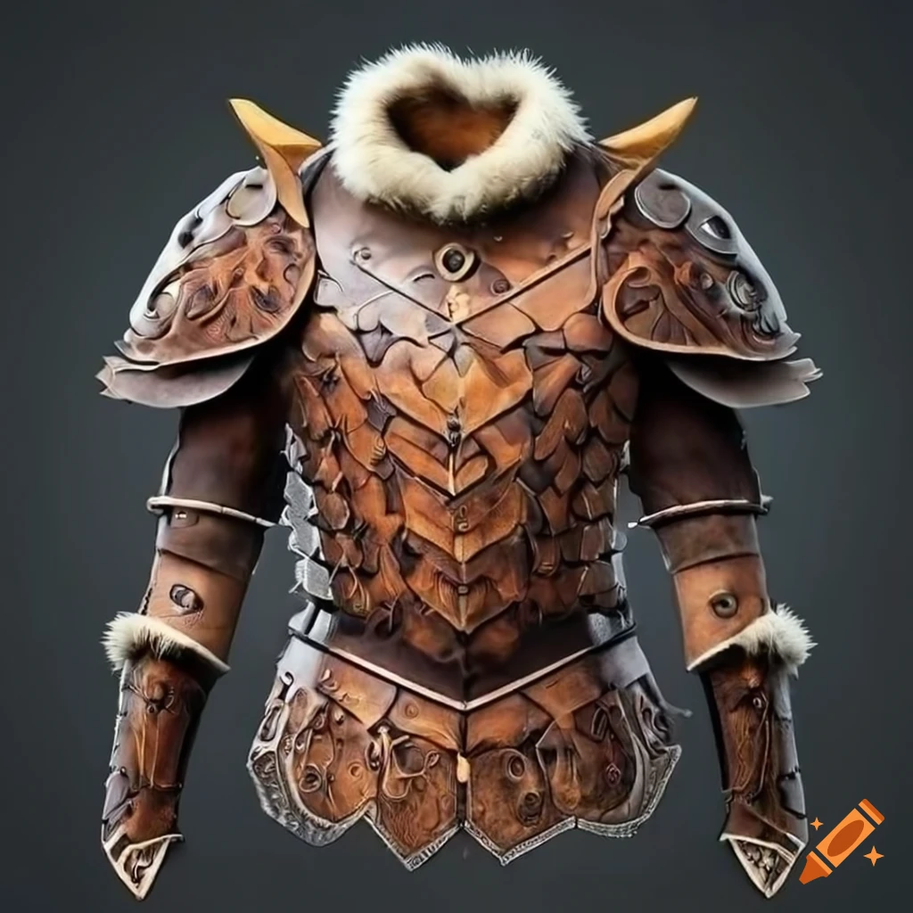 Leather chest armor with ancient stag-inspired patterns and fur details ...