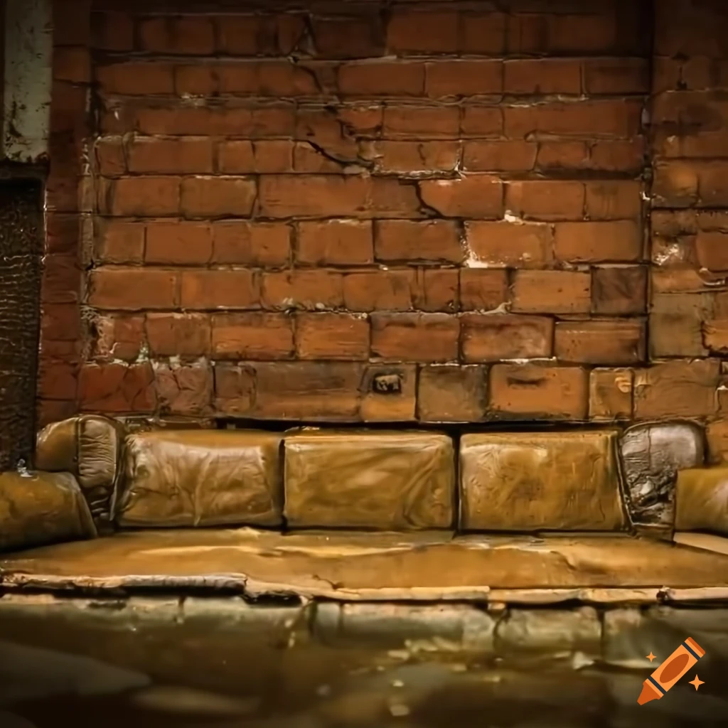 Destroyed leather couch in flooded brick doorway with sinking buildings ...
