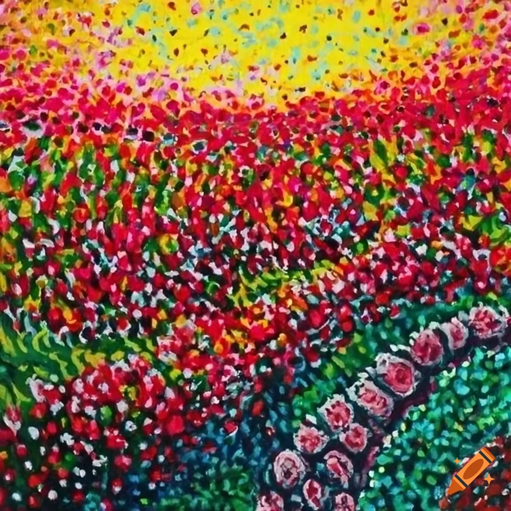 Field of raspberry bushes in pointillism style painting on Craiyon