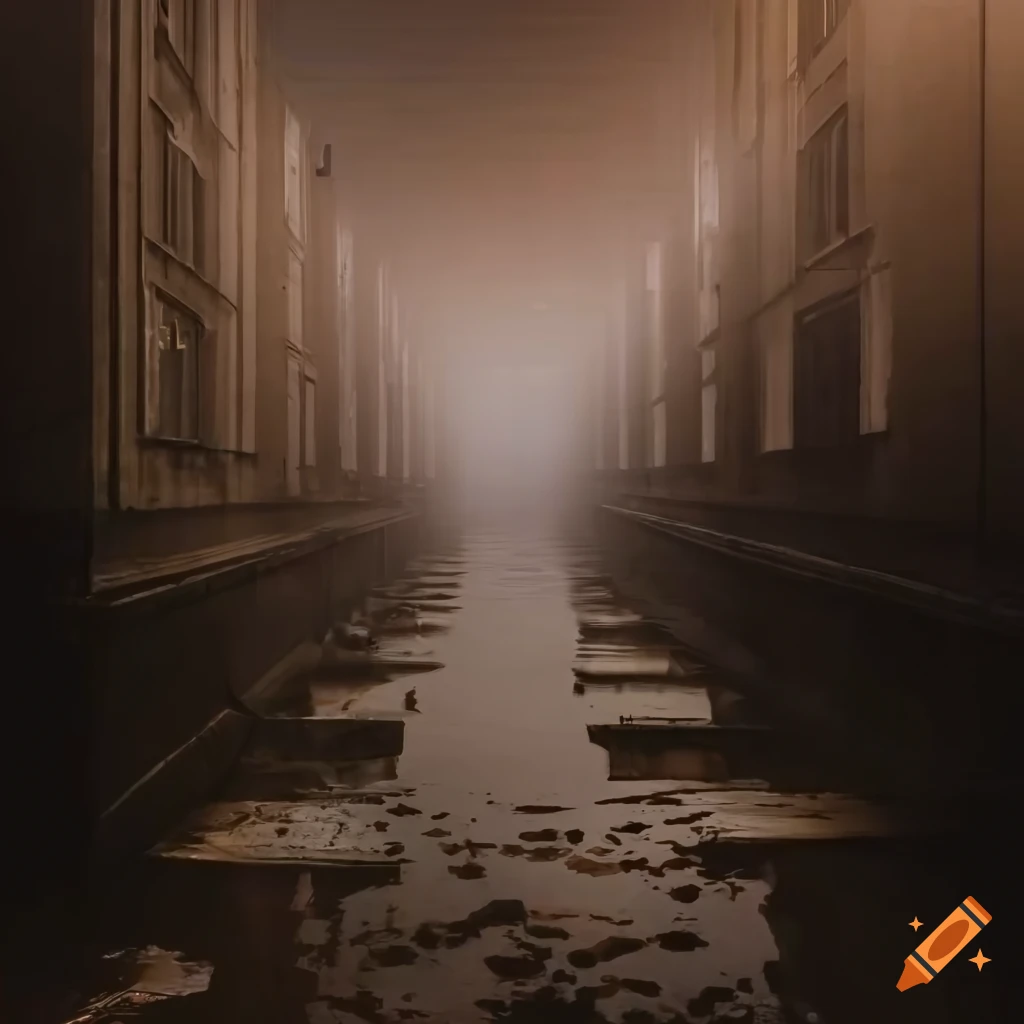 Crumbling flooded corridor leading to abandoned Blade Runner inspired ...