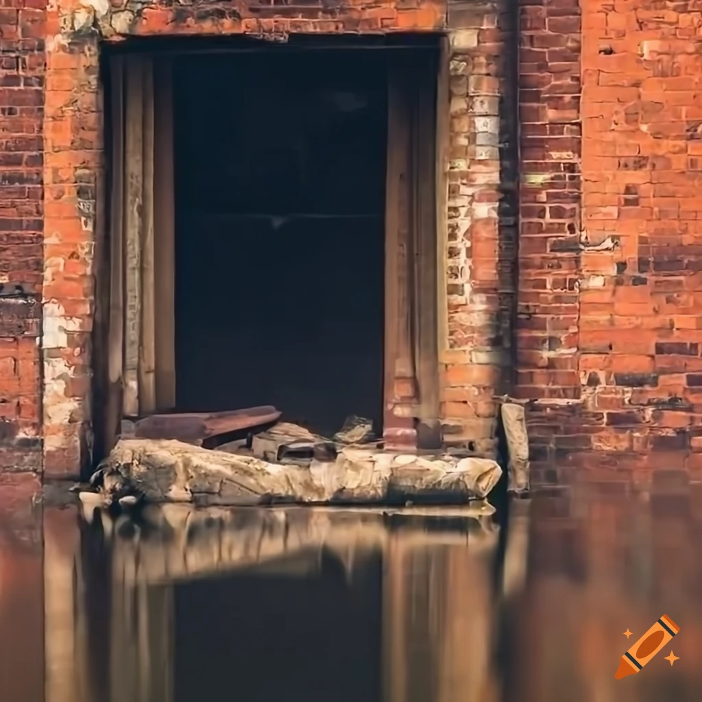 Close-up of destroyed couch in flooded brick doorway with abandoned ...