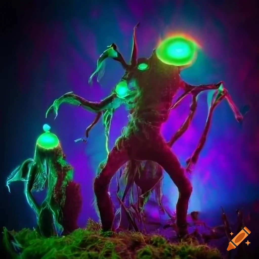 Glowing biopunk cityscape with green moss, plants, mushrooms, crystals ...