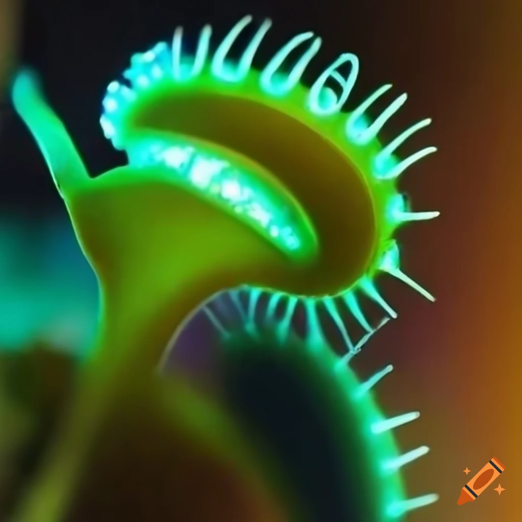 Glowing biopunk Venus flytrap creature in a moss-covered cityscape on Craiyon