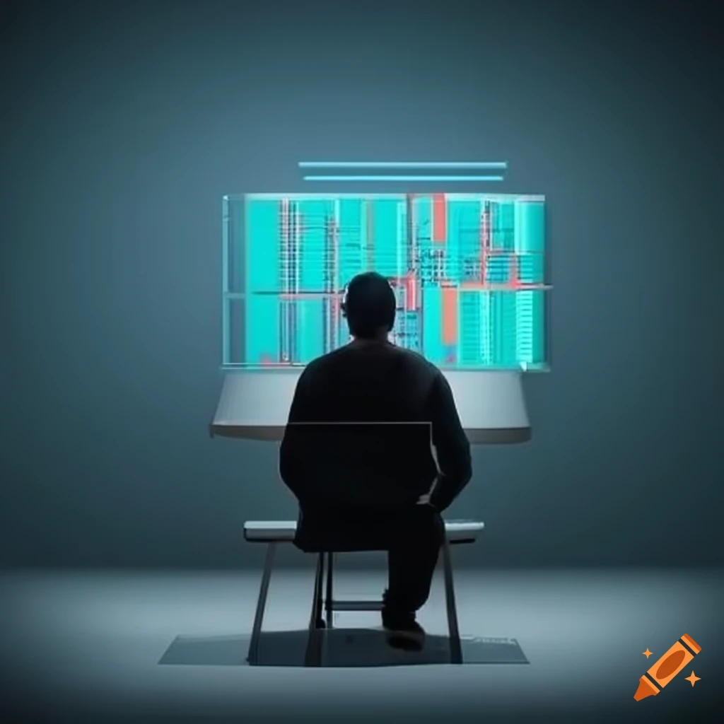 Man in shadows in front of computer screen with trading charts on Craiyon
