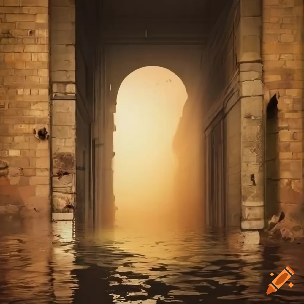 Close-up view of flooded tile doorway with sinking brick buildings in ...