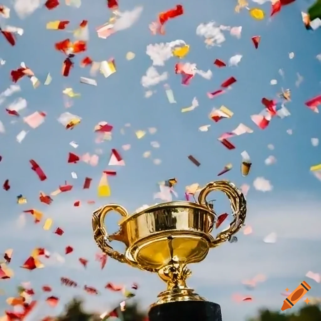 Trophy surrounded by confetti on a cloud with detailed features on Craiyon