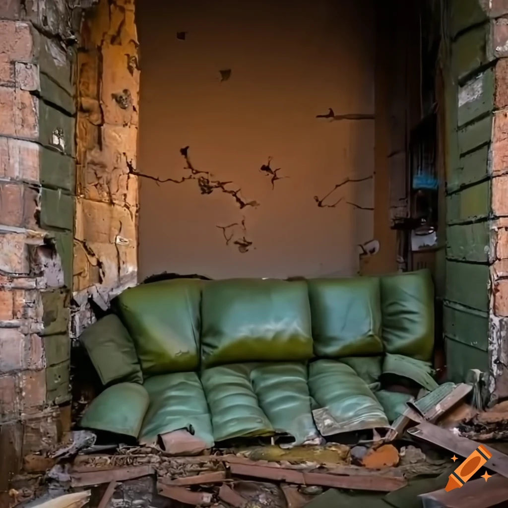 Close-up of destroyed green leather couch in flooded brick doorway ...