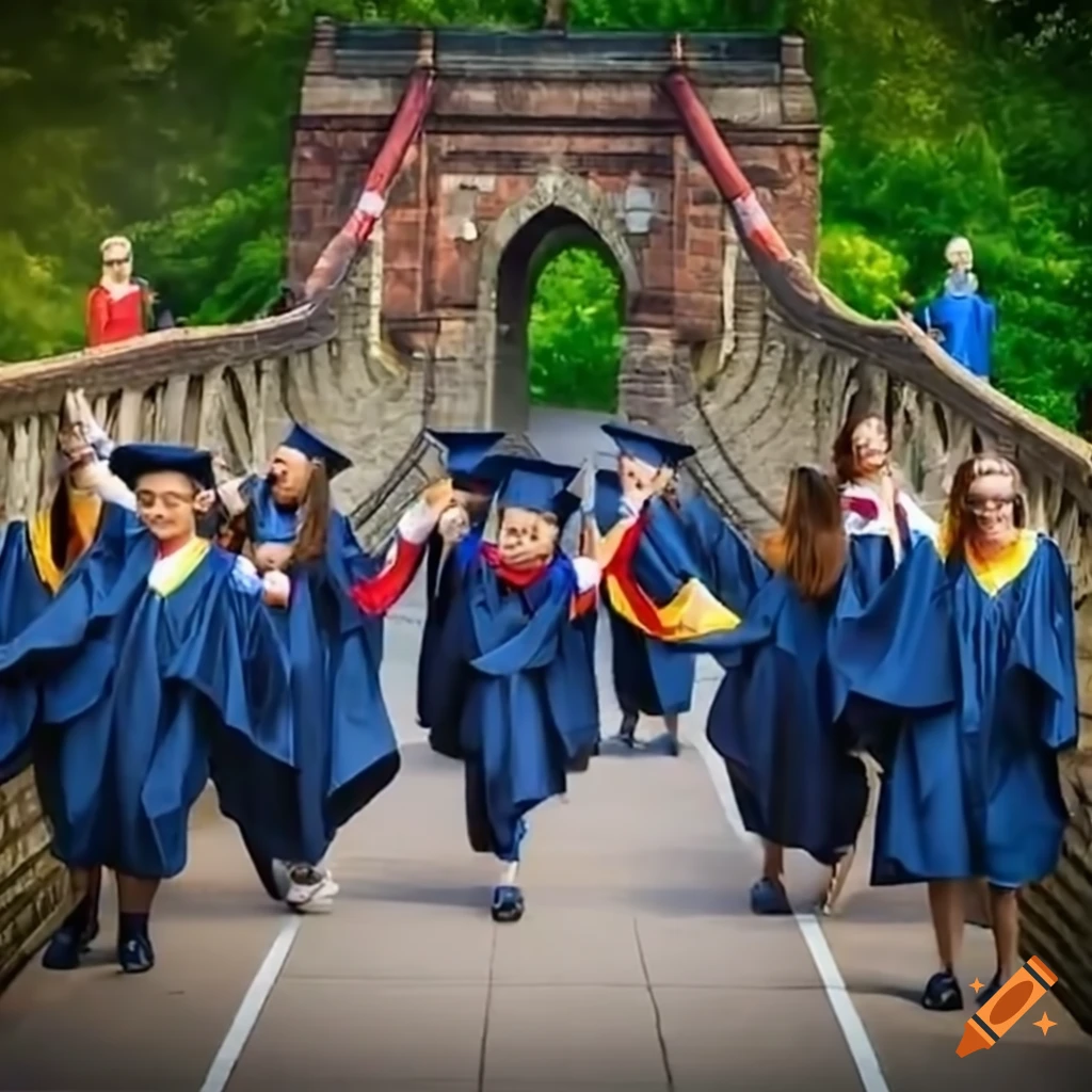 Group of students crossing a historic bridge at graduation ceremony on ...