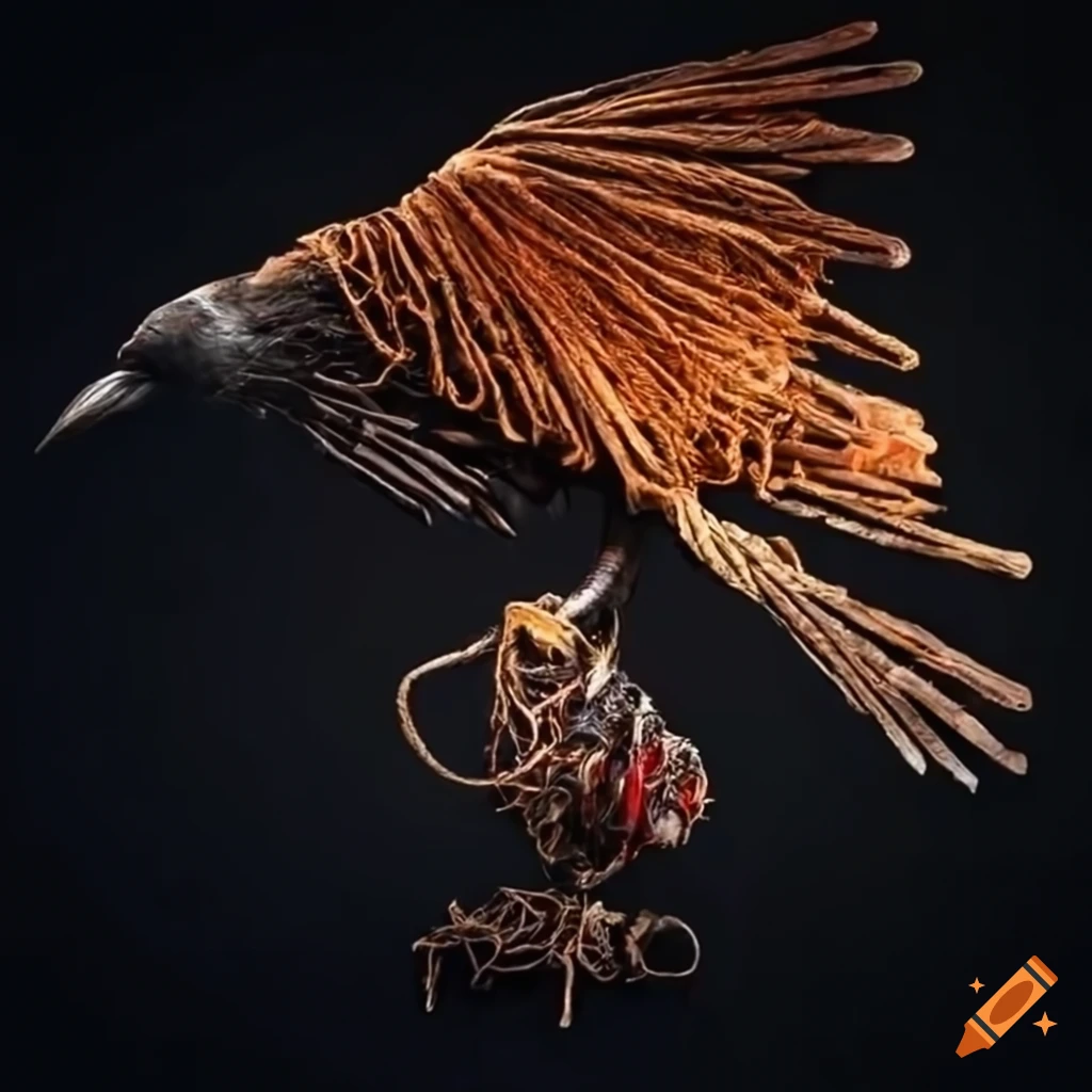 Biomechanical decomposed crow of twigs, cables, and burning fabric on ...