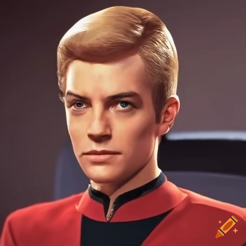 Man in red Starfleet uniform, lieutenant rank on Craiyon