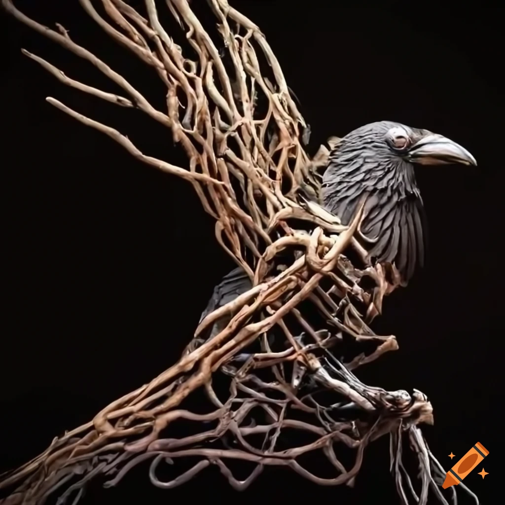 Cubist bio-mechanical raven in flight made from twisted roots and ...