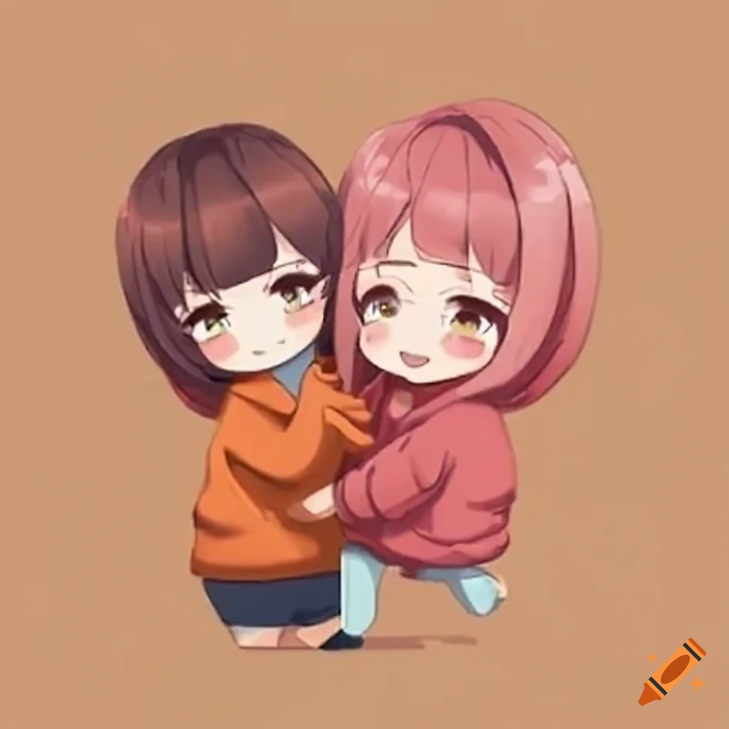Two anime girls in a warm hug and smile moment on Craiyon