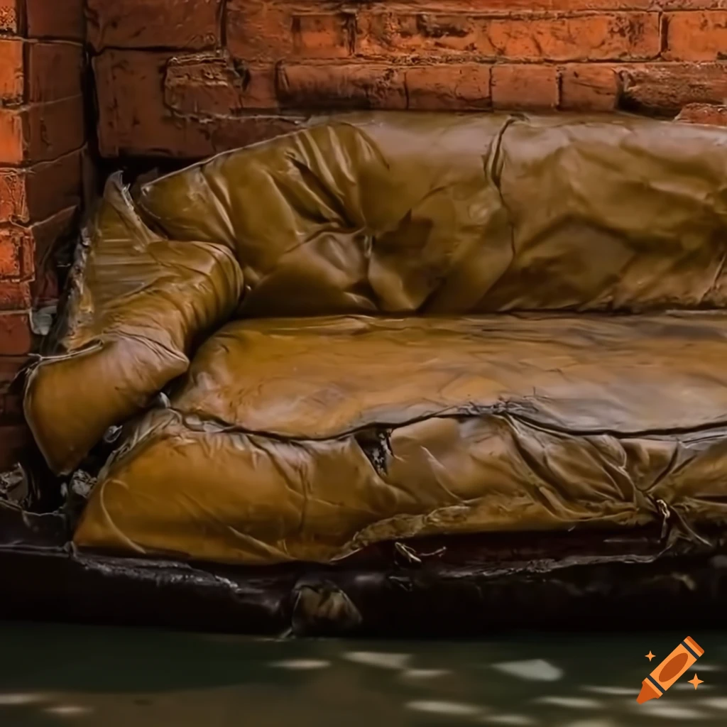 Destroyed olive tan leather couch in flooded brick doorway with ...
