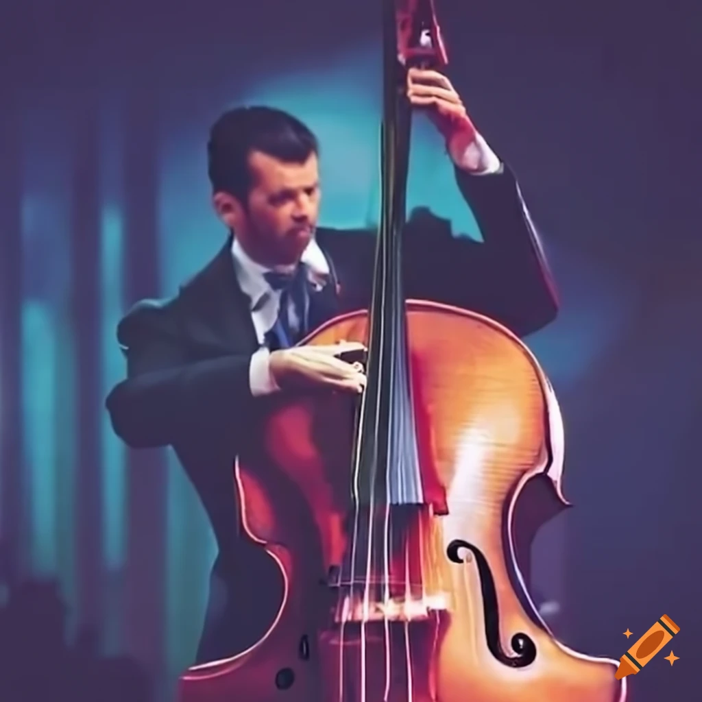 Donald Trump Jr. playing an upright bass on a live concert stage on Craiyon
