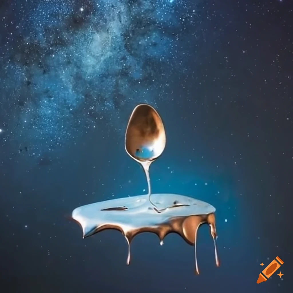 Oversized melting metal spoon glowing in space during a starry night on ...