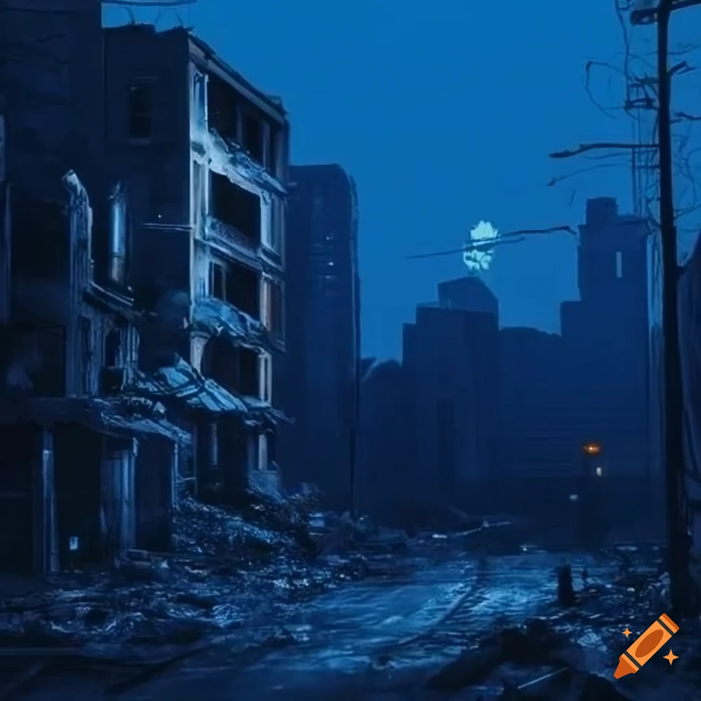 Destroyed city street under a blue sky in an eastern bloc setting at ...