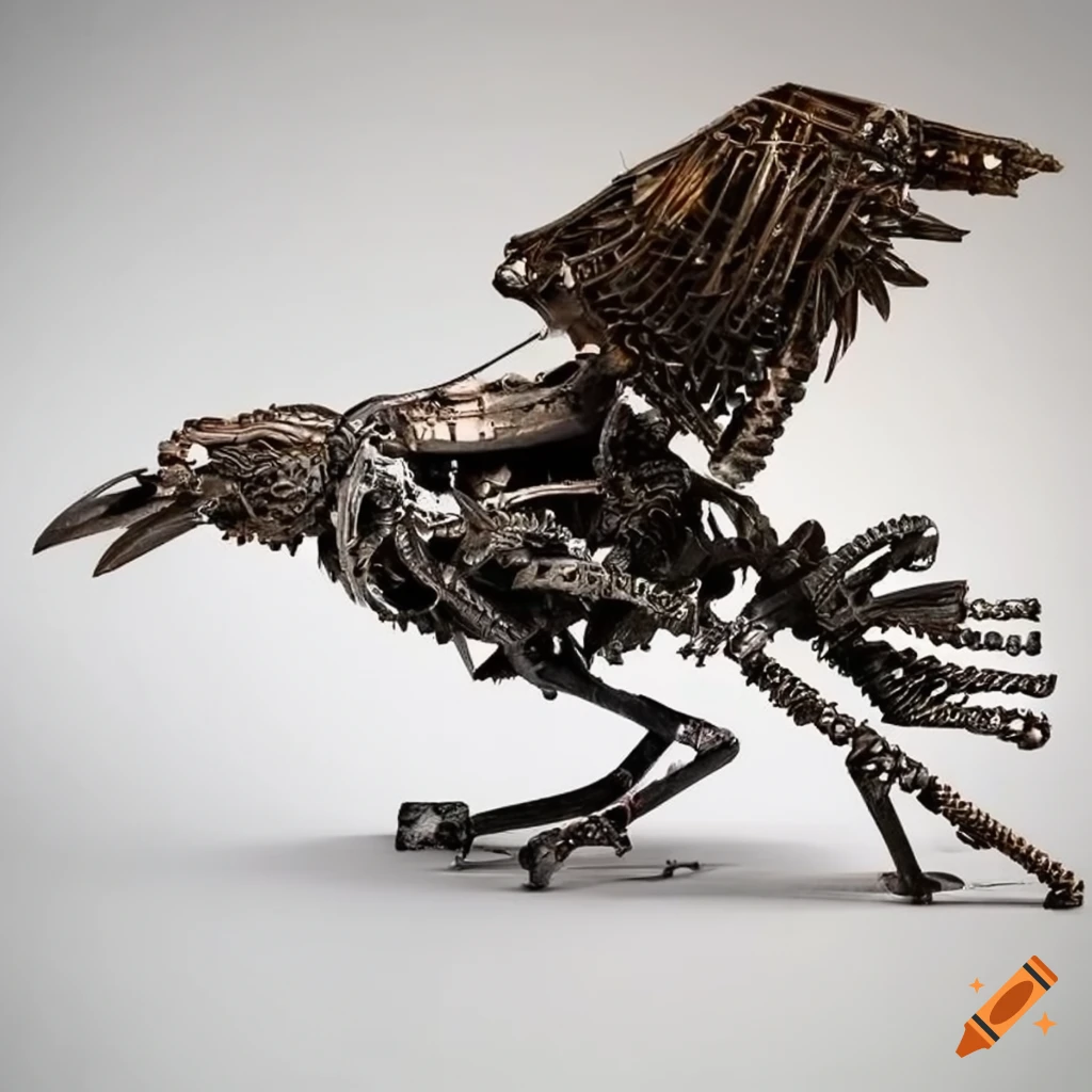 Biomechanical corroded flying crow sculpture made of scrap metal on Craiyon