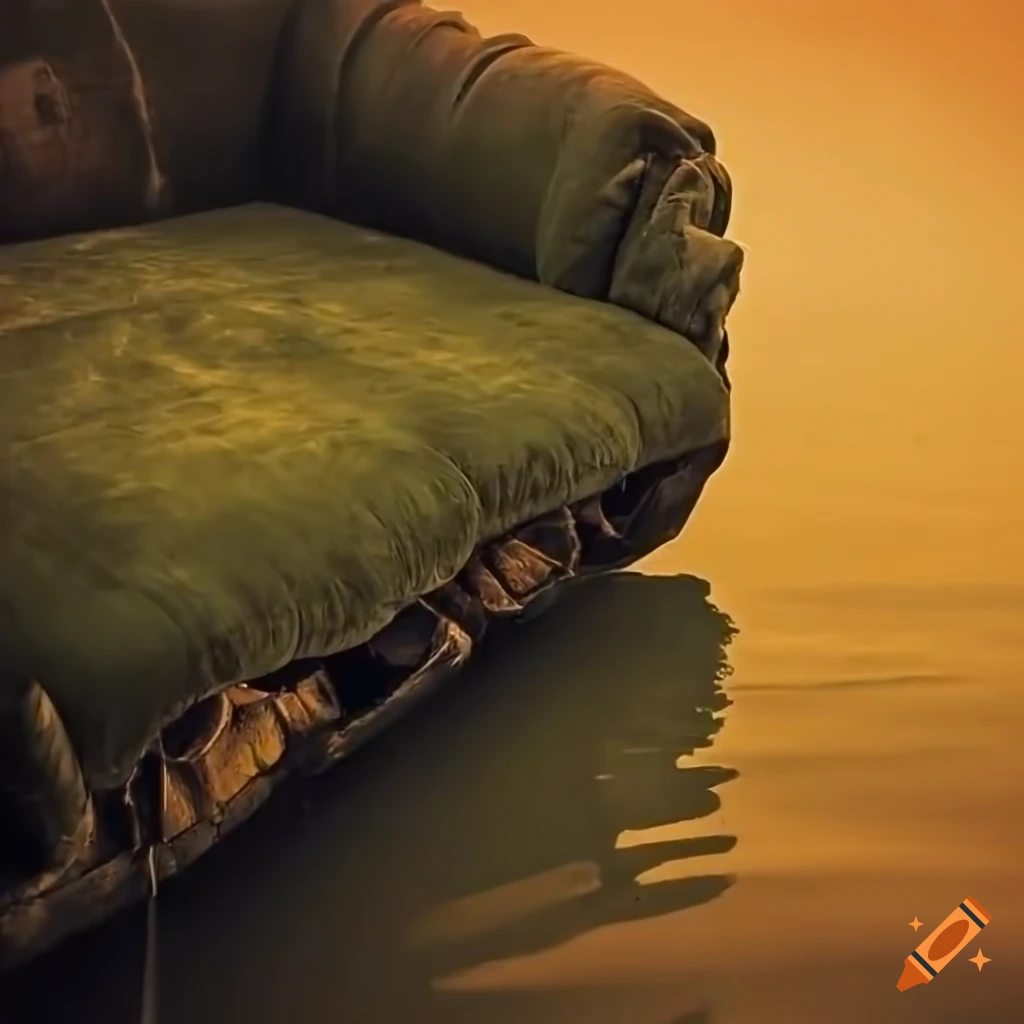 Up close view of a destroyed olive tan velvet couch covered in tires in ...