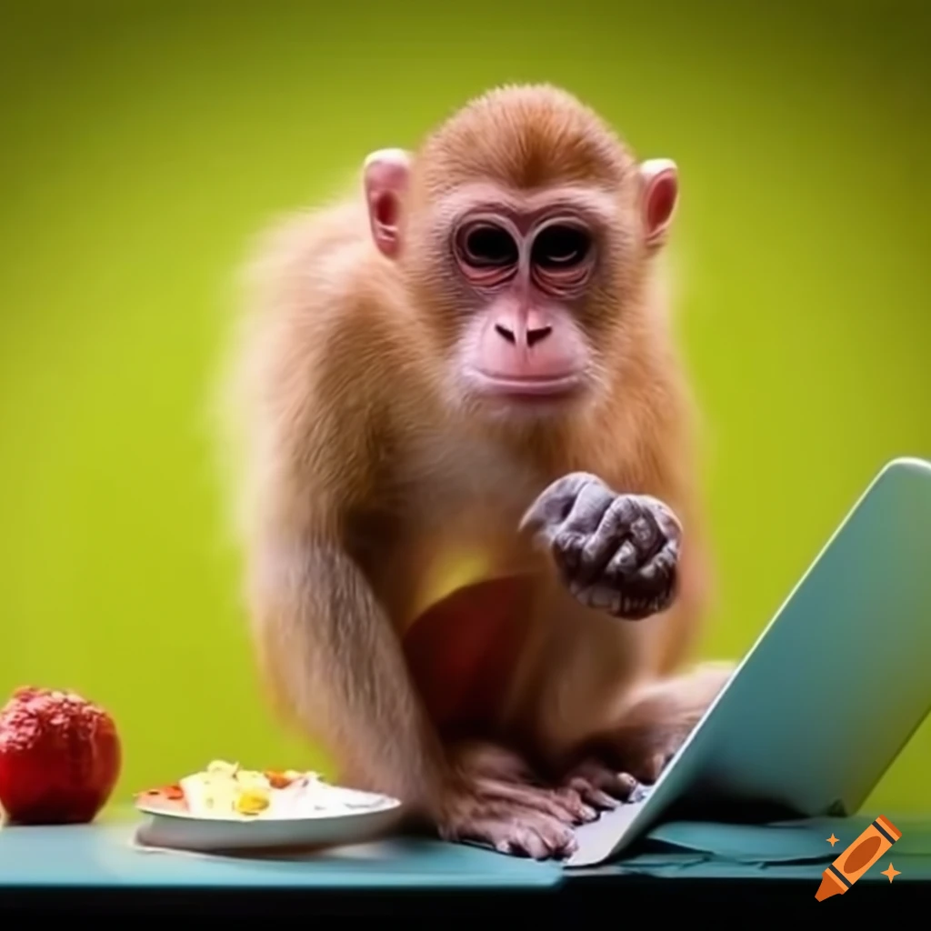 Greedy monkey with laptop and food on Craiyon