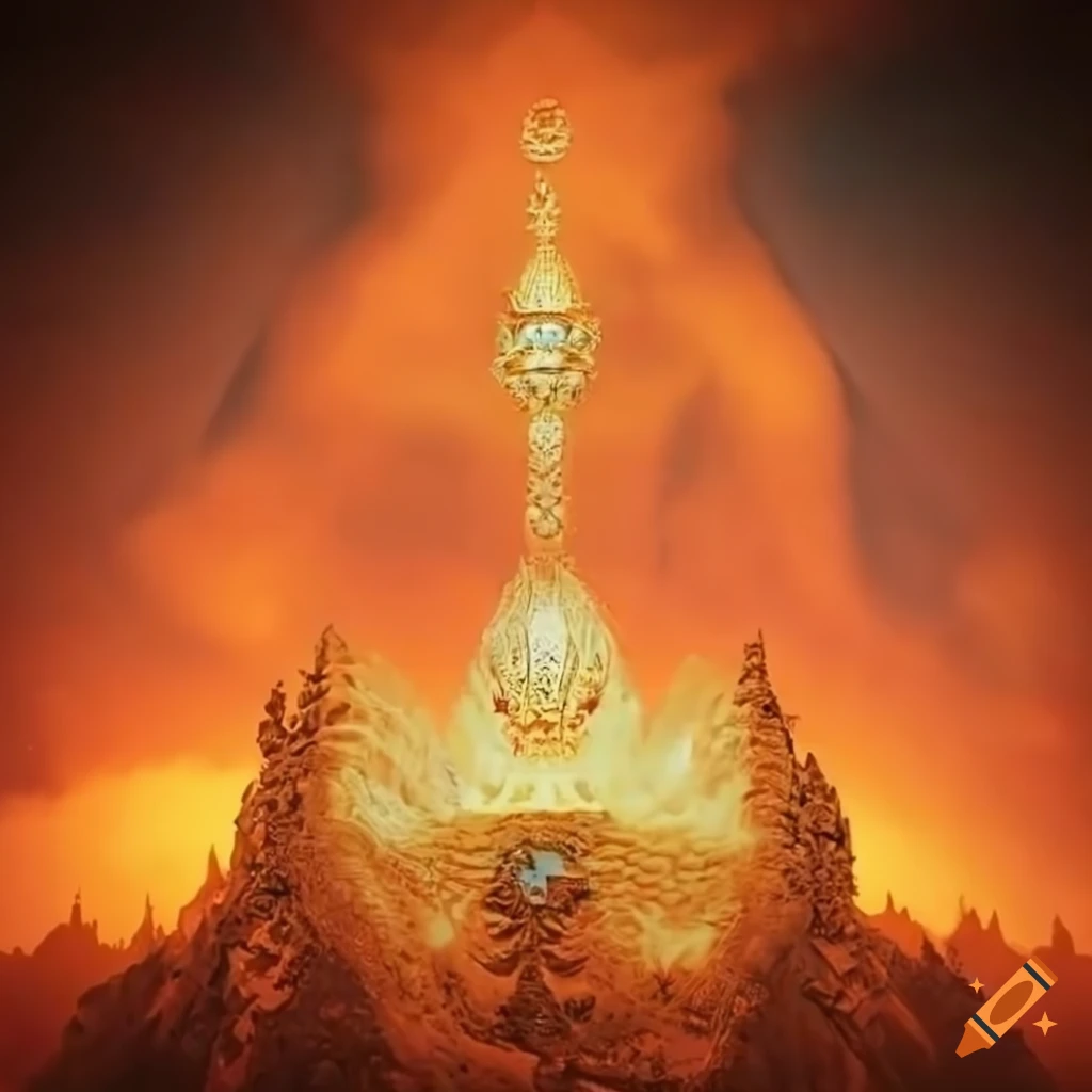 Intricately-crafted golden crown on a towering peak in a fiery terrain ...