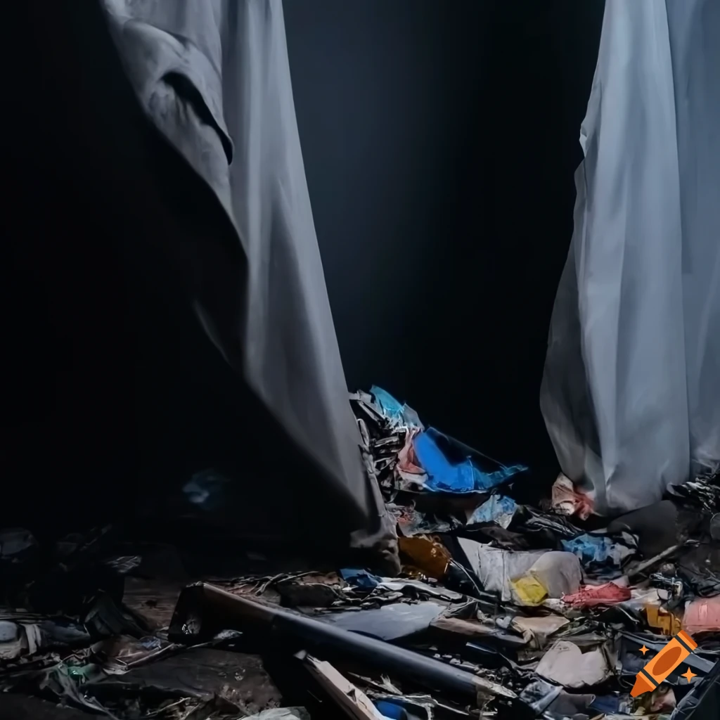 Weapons hidden under drapery in a chaotic junk garbage landscape with ...