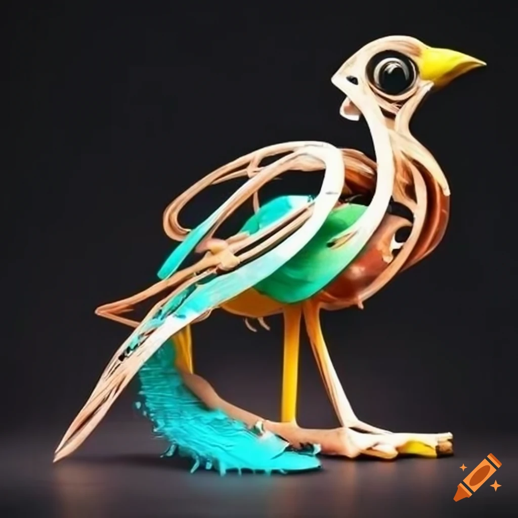 Biomechanical bird made of rubbish with ink splatters on Craiyon