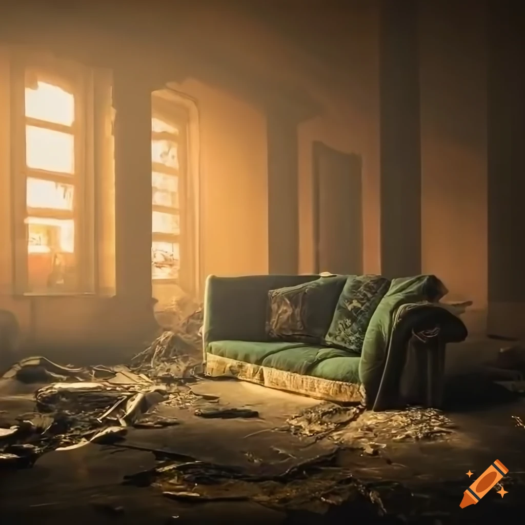 View of destroyed couch in flooded penthouse with sinking buildings in ...