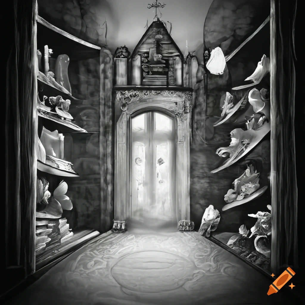 Wide view inside an enchanted fantasy shop with magical items on ...