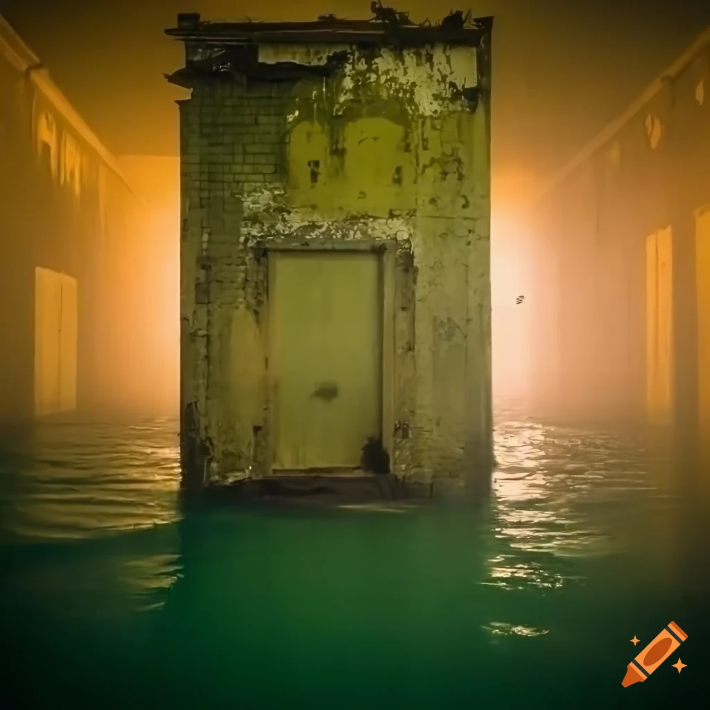Crumbling flooded elevator room with abandoned buildings sinking into ocean in a golden-orange ...